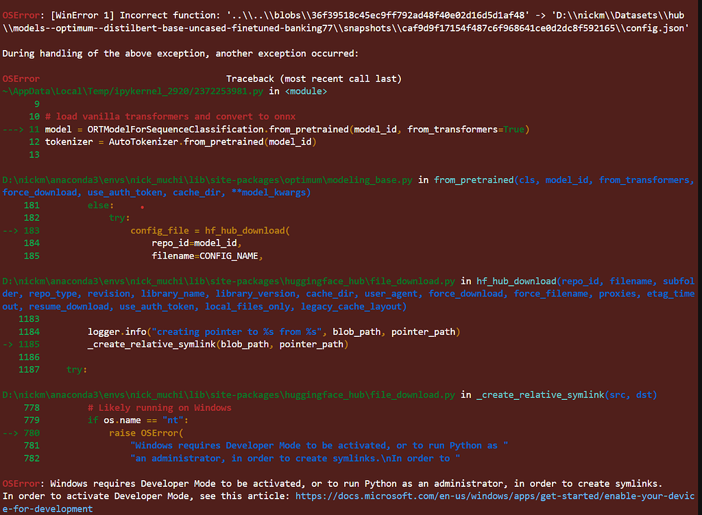 Symlink error when importing ORTSeqClass model via Pipeline - 🤗Optimum - Hugging Face Forums