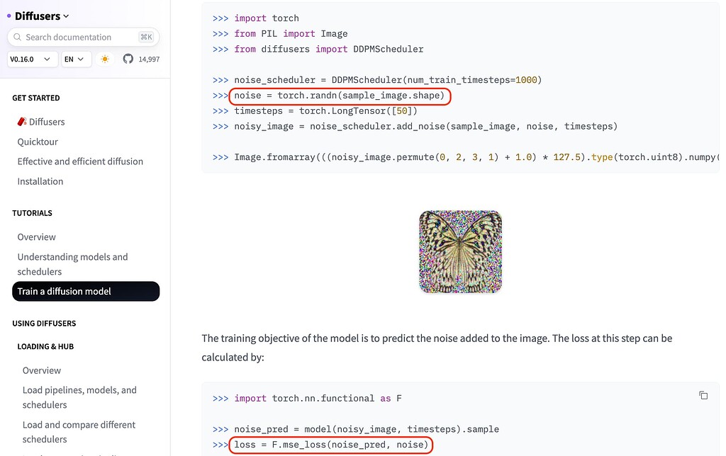 Why is the loss of Diffusion model calculated between "RANDOM noise" and "model predicted noise ...