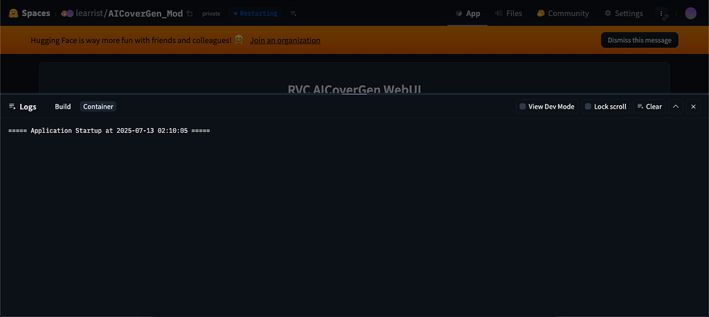 My AICoverGenMod private space is stuck on "Restarting" - Spaces - Hugging Face Forums