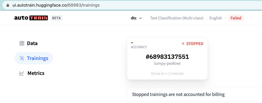 AutoTrain training stopped/failed without explanation - 🤗AutoTrain - Hugging Face Forums