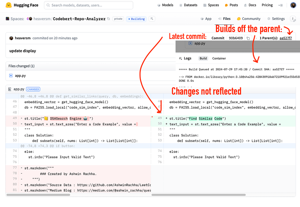 Duplicated Space doesn't reflect code push from local environment - Beginners - Hugging Face Forums