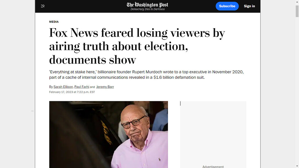 $FOX $FOXA Fox News feared losing viewers by airing truth about ...