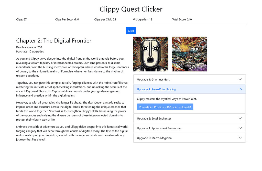 Clippy Quest Clicker Game (GPT-4, DALLE2, ElevenLabs...) - Community - OpenAI Developer Community