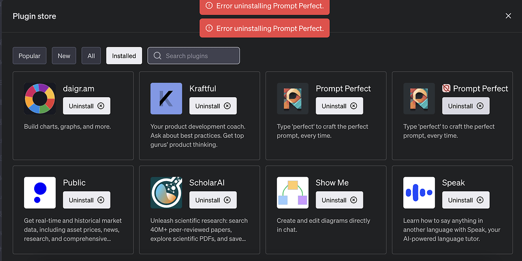 Unable to uninstall the “Prompt Perfect”plugin - Plugins / Actions builders - OpenAI Developer ...