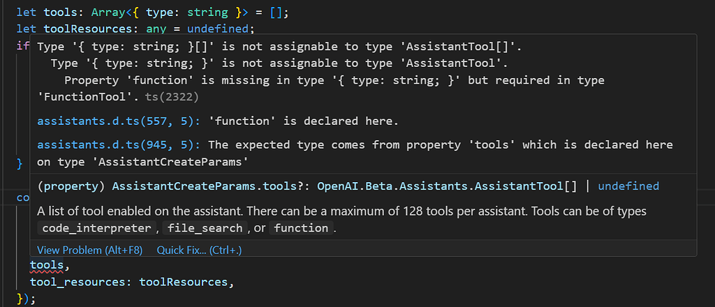 Assistants API - Typescript angry - API - OpenAI Developer Community