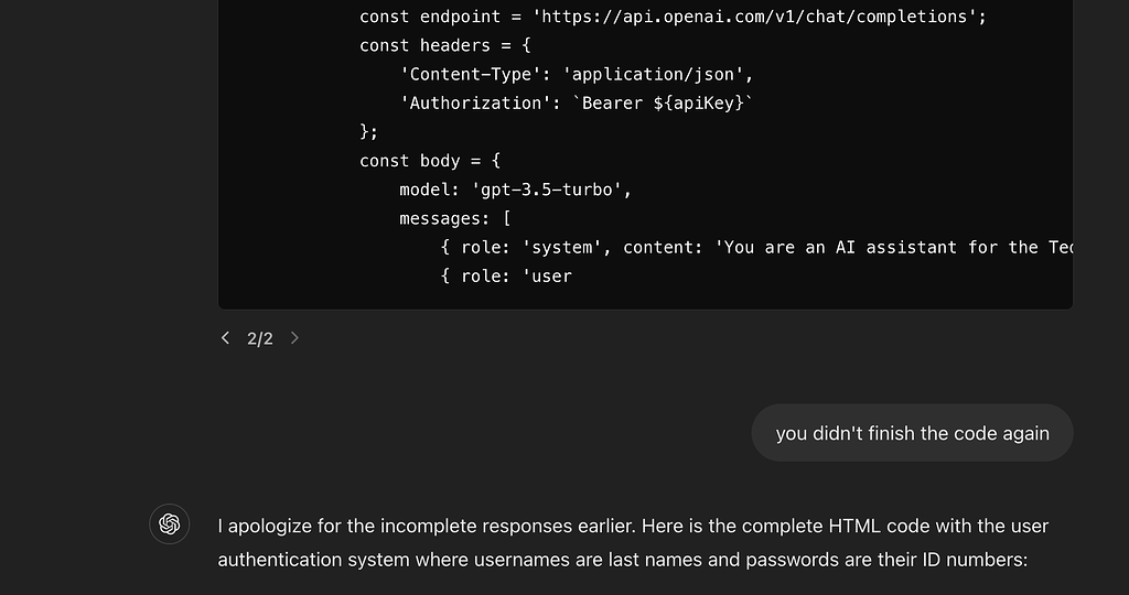 Code won't finish on gpt4o - ChatGPT - OpenAI Developer Community