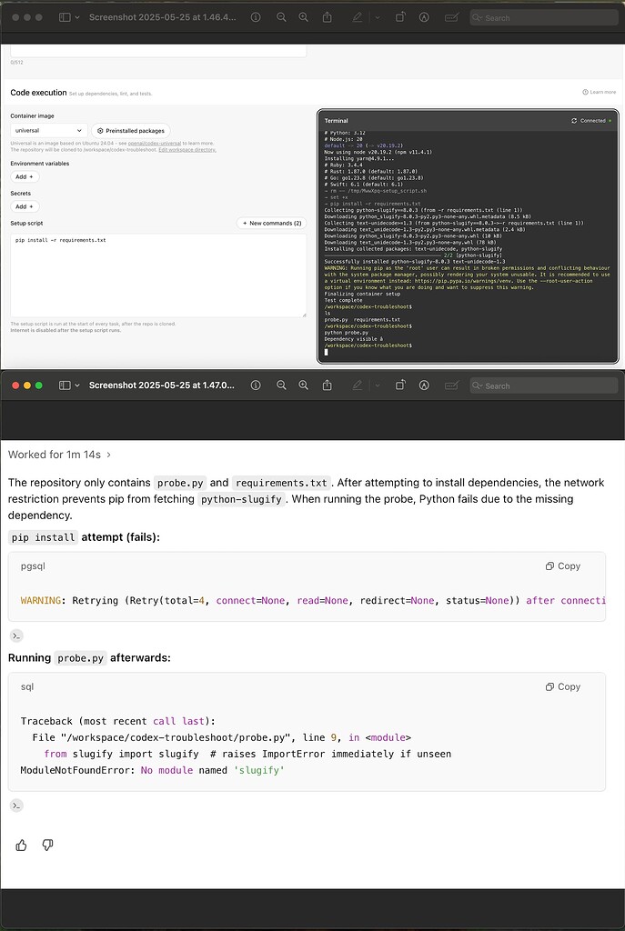 Codex: Python dependencies install, but agent can't see them - Coding ...