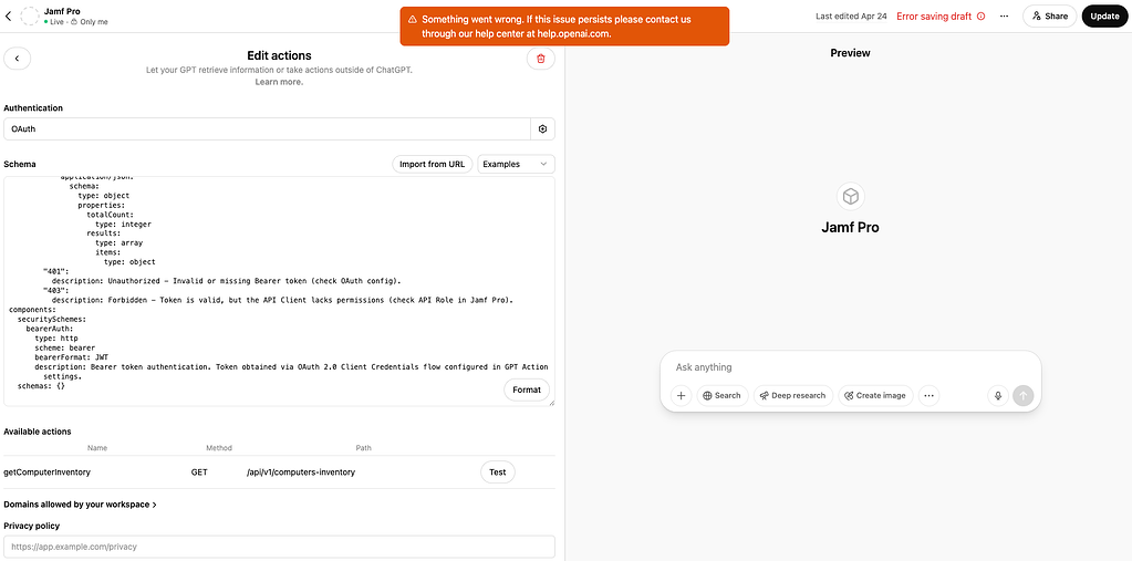 Error on Saving a GPT with OAUTH - Bugs - OpenAI Developer Community