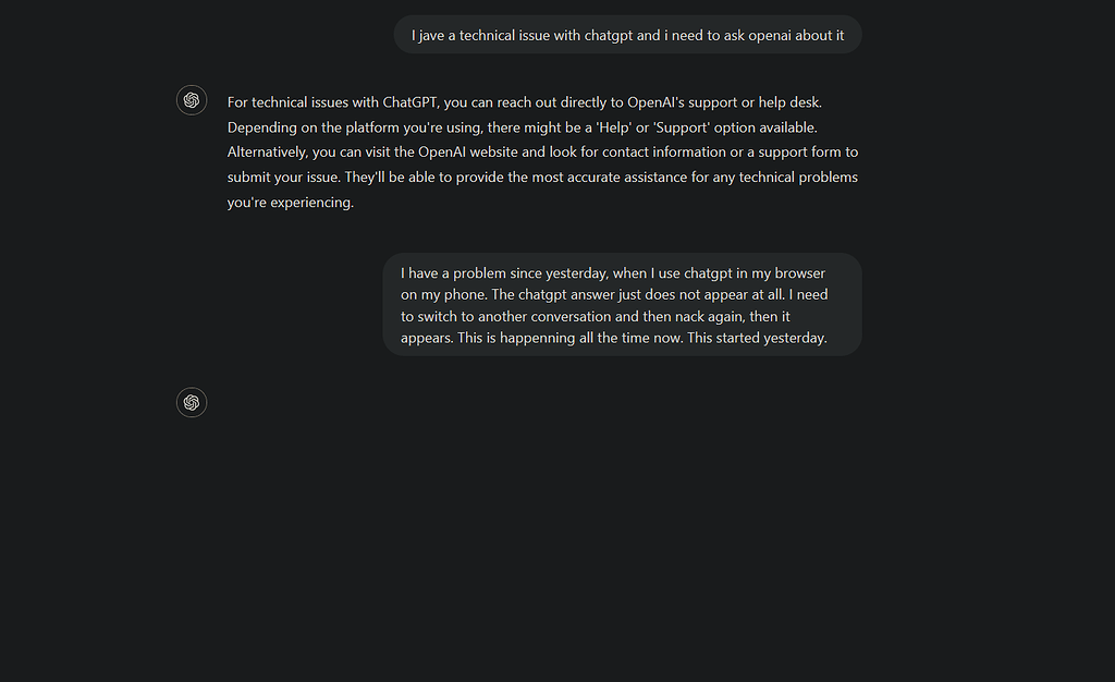 Chatgpt malfunction, response doesn't print? - Bugs - OpenAI Developer Community