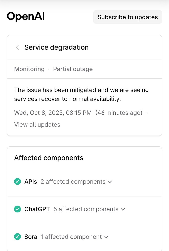 Service degradation affecting API, ChatGPT and Sora - Community - OpenAI Developer Community