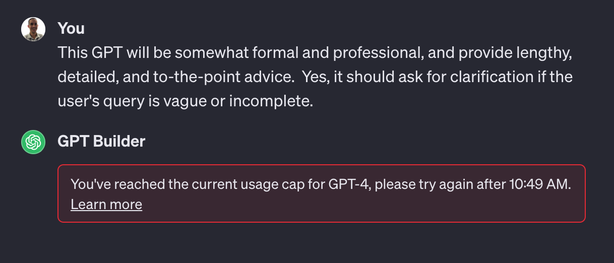 Creating a GPT, can't save because of usage cap - Bugs - OpenAI Developer Community