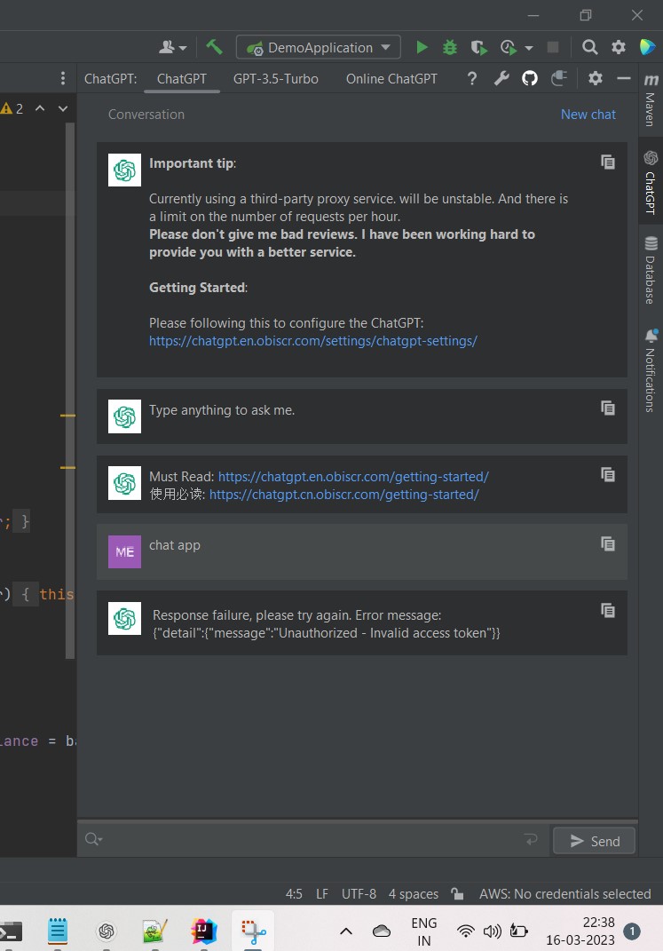 IntelliJ IDE invalid access token not able author - ChatGPT - OpenAI Developer Community