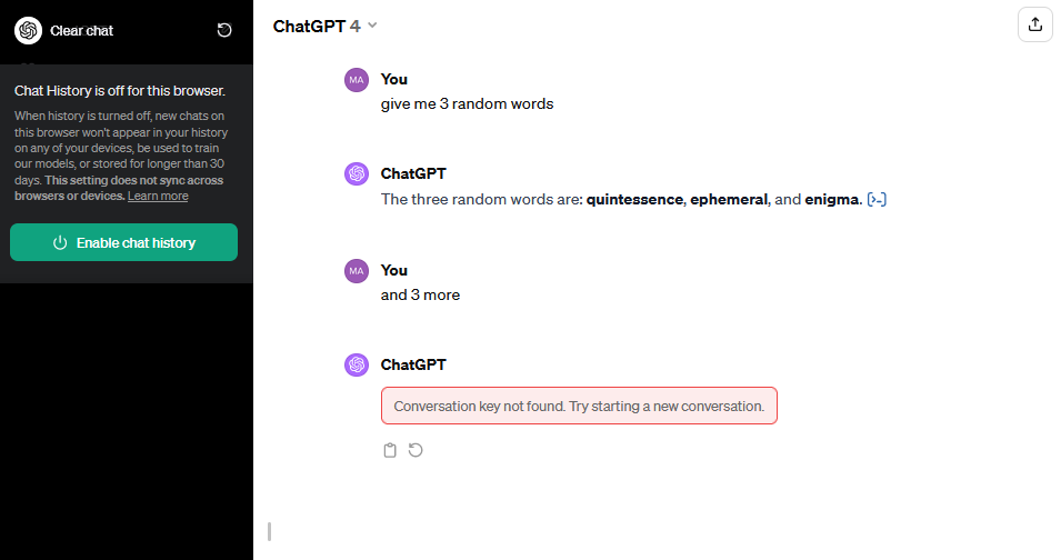 Chat History OFF = "Conversation key not found" error - Page 2 - Bugs - OpenAI Developer Community
