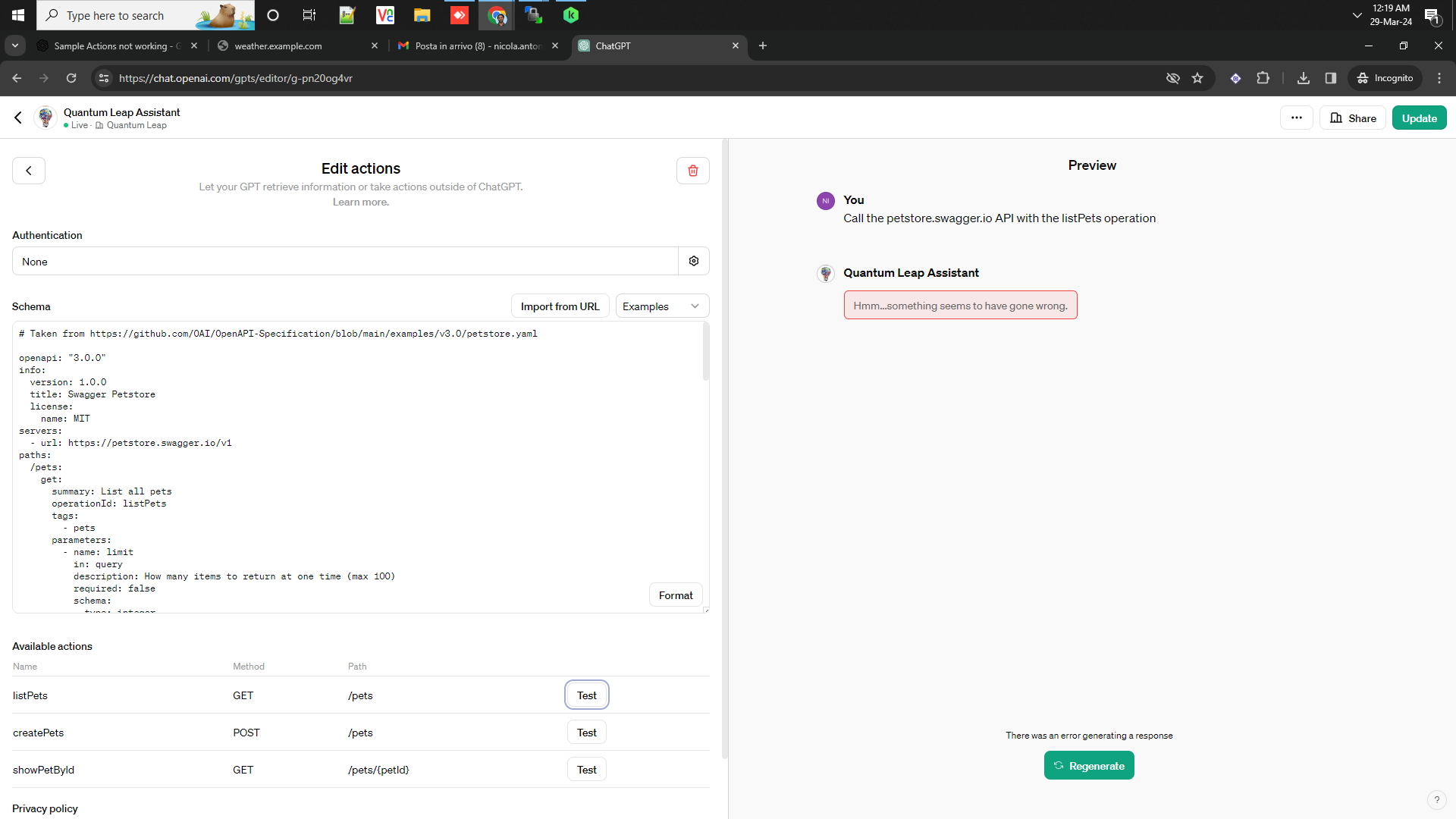 Sample Actions not working - Plugins / Actions builders - OpenAI Developer Community
