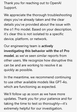O1 pro instantly returns error message "Something went wrong while generating the response ...