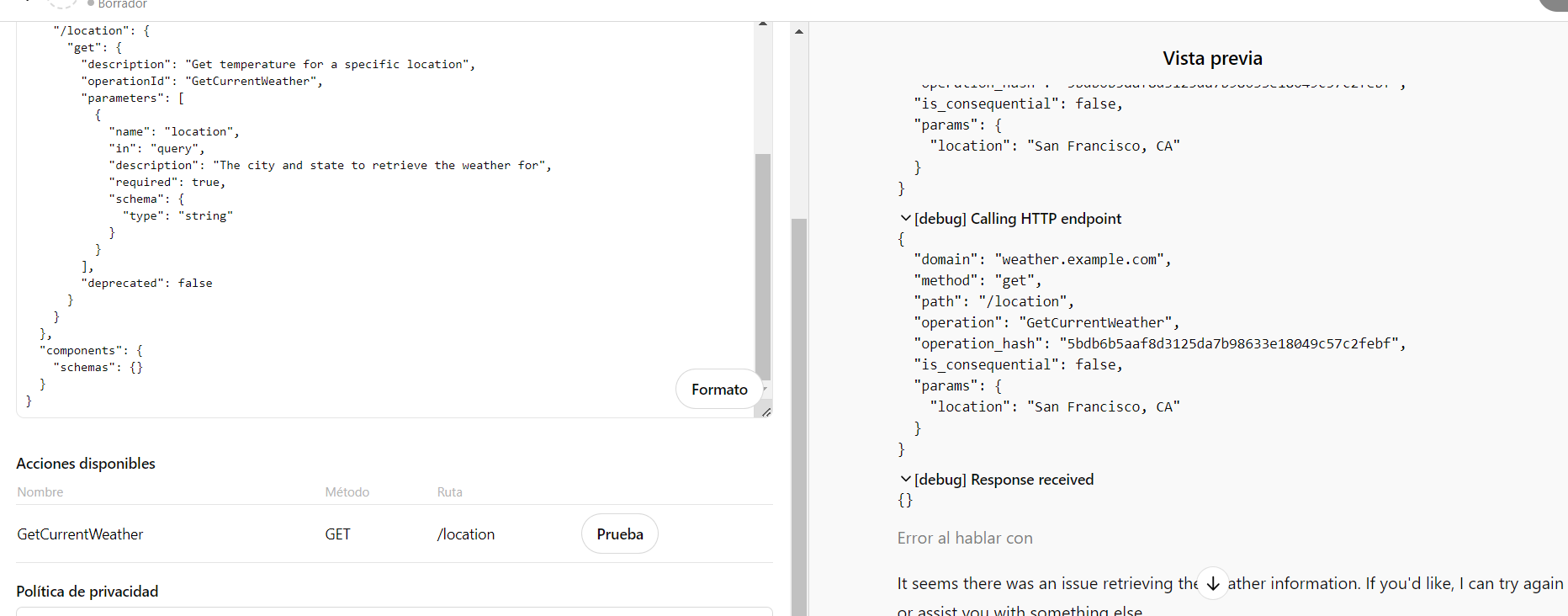 Response empty when calling Example Weather API - Bugs - OpenAI ... Response empty when calling Example Weather API - Bugs - OpenAI ...