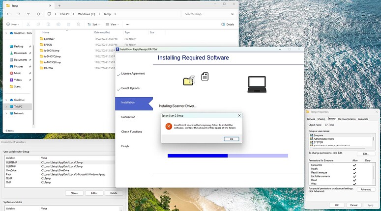 "Insufficient space in the temporary folder to install the software. Increase the amount of free ...