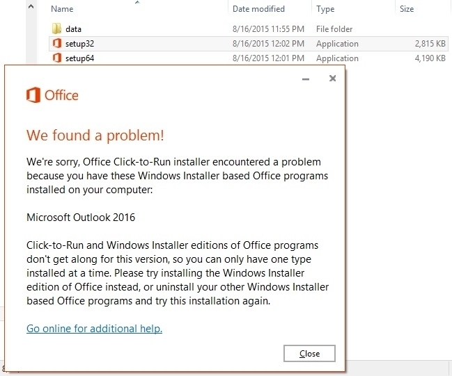 Can't install Outlook 2016 OLP w/ Office Home and Business 2016 ...