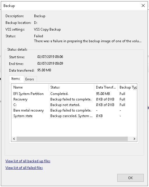 Windows Server backup, all critical/bare-metal job failing - 2019 Essentials - Data Storage ...