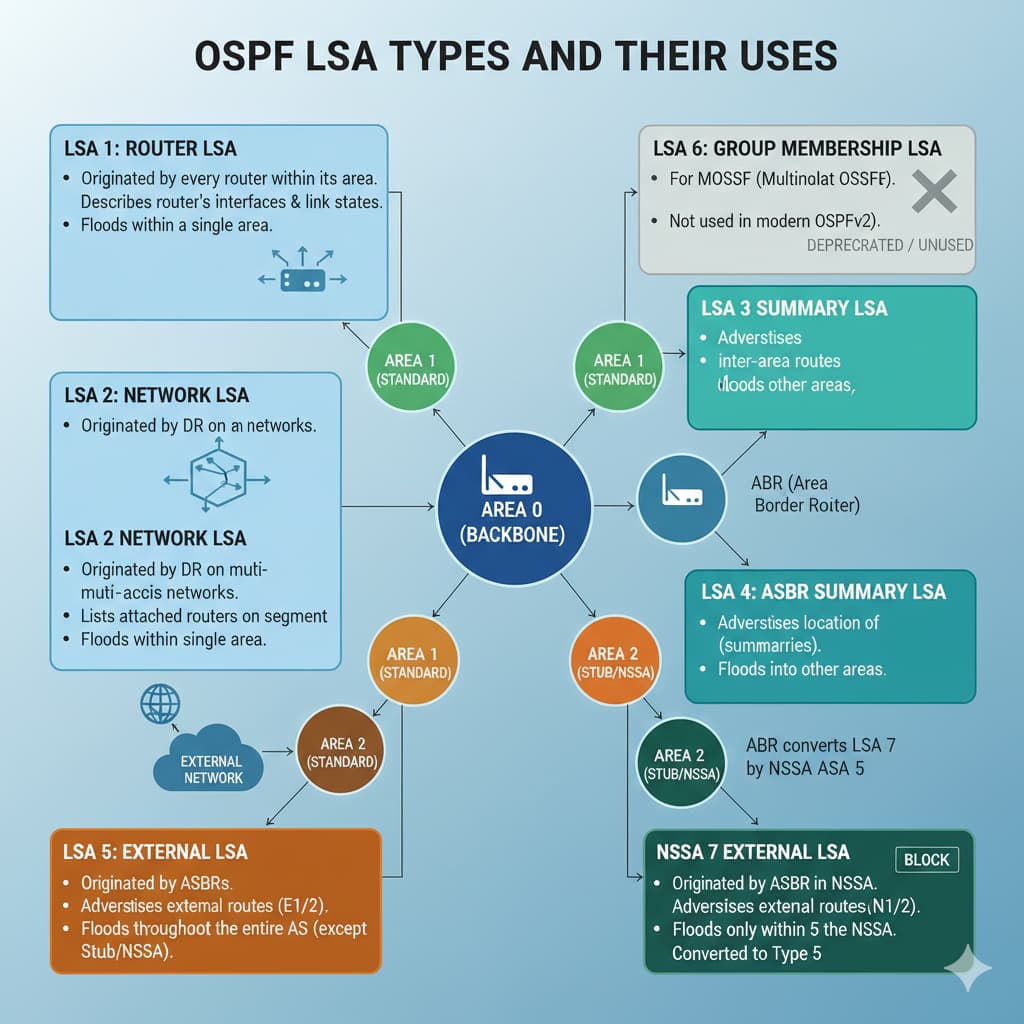 Asked AI to generate a diagram that illustrates uses of each OSPF LSA ...