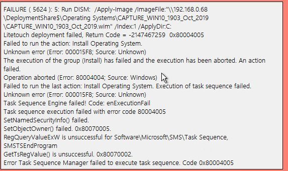 MDT and Windows 1903 reimaging fails with error 5624, return code -2147467259 - Software ...