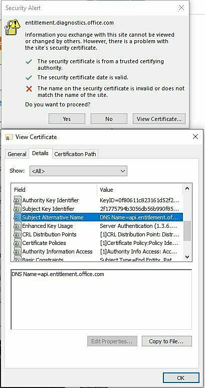 entitlement.diagonstics.office.co Security Certificate Issue - Software ...