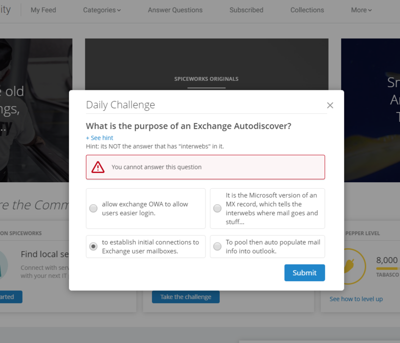 Daily question! - Water Cooler - Spiceworks Community