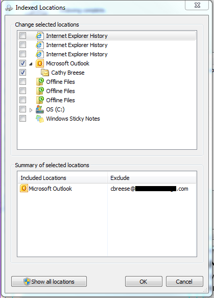 Indexed Locations not showing Outlook 2010 email address but shows ...