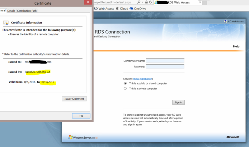 How do I set RD Gateway certificate? "No certificate was configured to ...