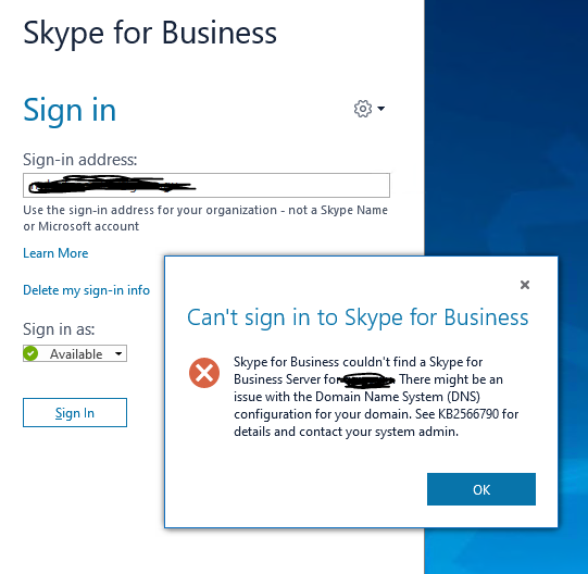 OnPrem - Skype for Business couldn't find a Skype for Business Server for domain - Cloud ...