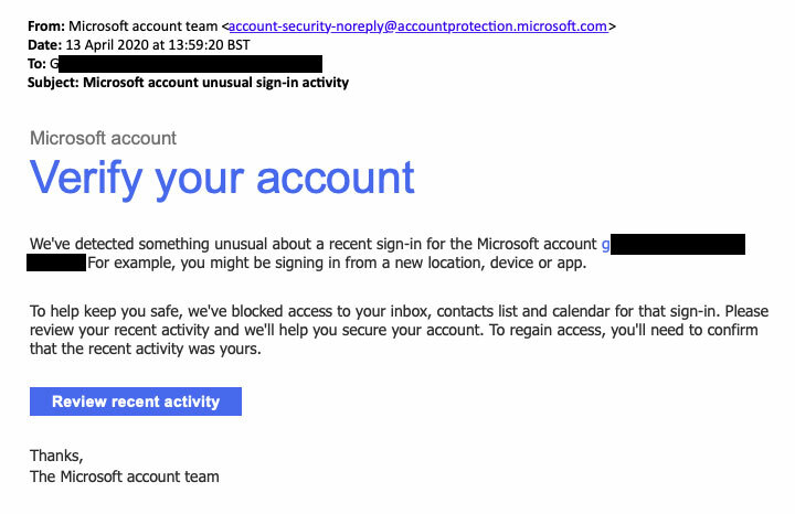 Microsoft account unusual sign-in activity emails Exchnage 2016 ...