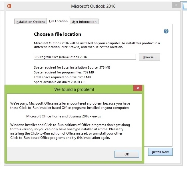 Can't install Outlook 2016 OLP w/ Office Home and Business 2016 ...