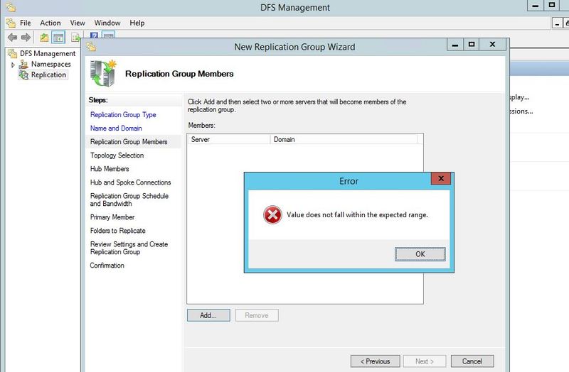 DFS error when creating replication group Server 2012 - Storage & SAN - Spiceworks Community