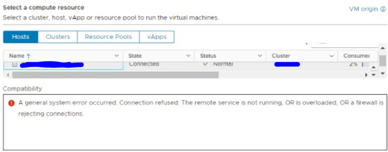 vmware the remote service is not running or is overloaded or a firewall ...