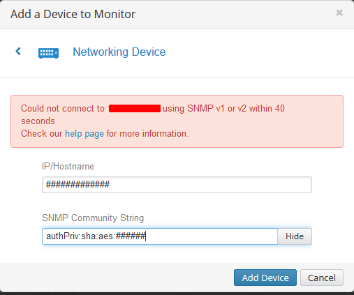 Could Not Connect To Networking Device Snmp V3 Spiceworks Support