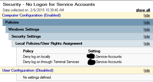 Remove log on as service accounts from group policy, but leave them on ...
