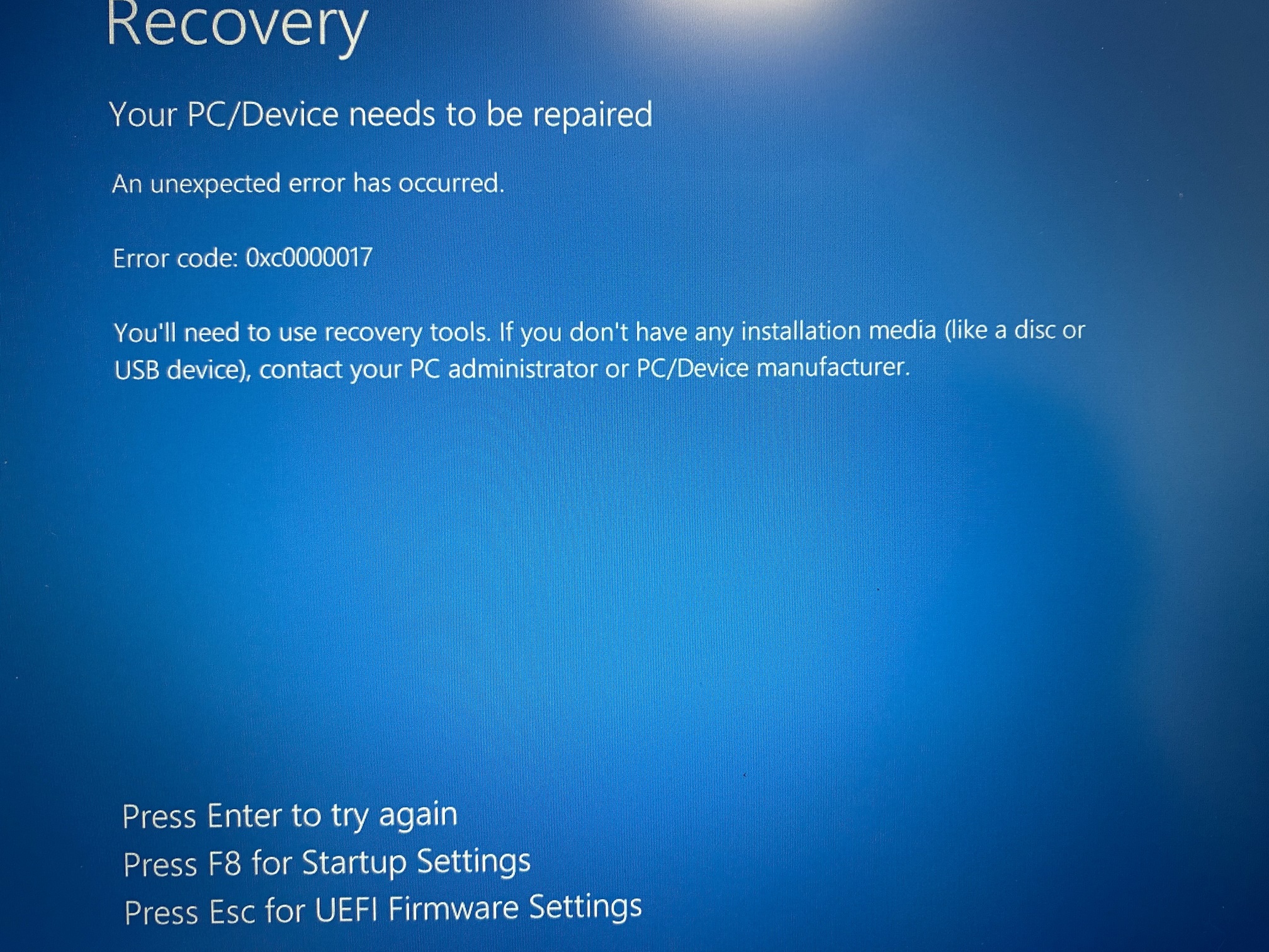 MDT error 0xc0000017 - Software & Applications - Spiceworks Community