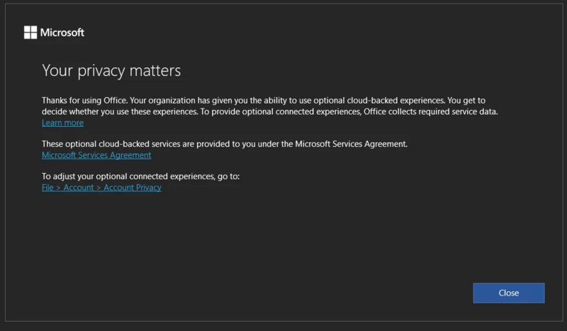 Your Privacy Matters - O365 Popup - Can not get rid of it - Software ...