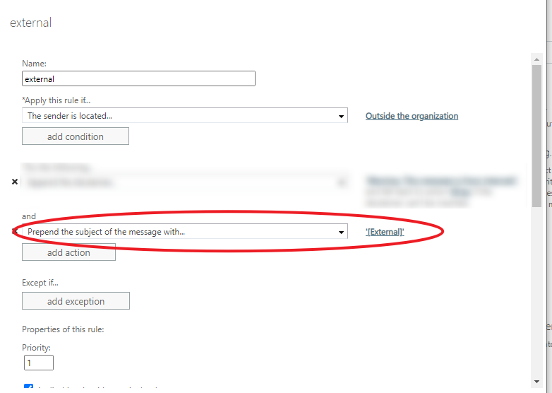 Prepend a warning to inbound external email that matches a user name ...