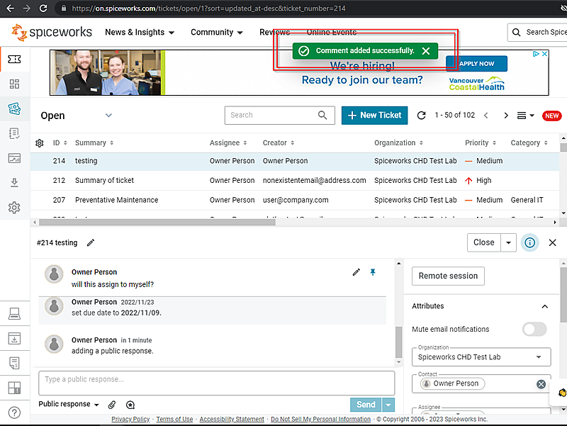 Internal Note Not Always Sending Spiceworks Support Spiceworks Community