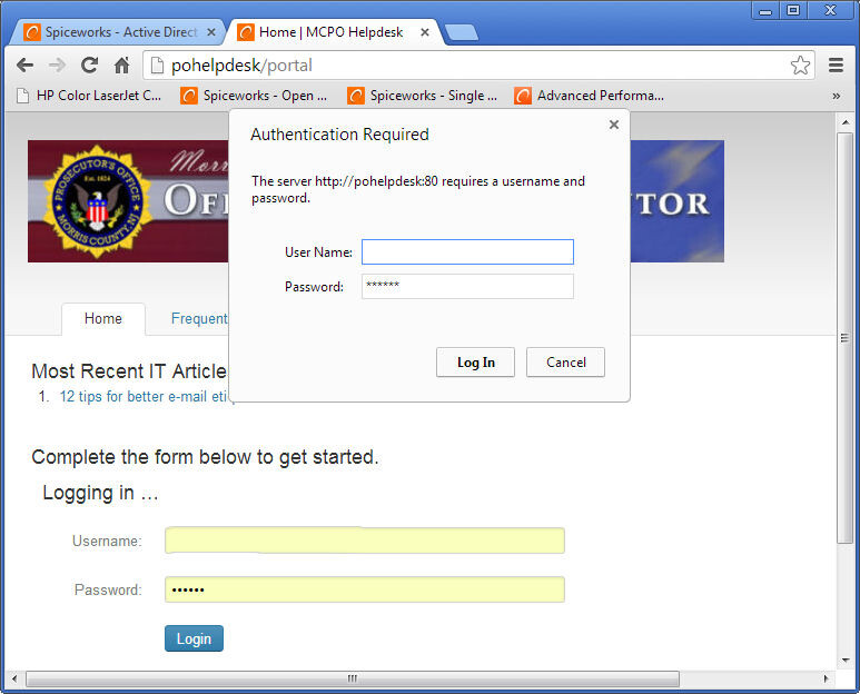 Spiceworks server prompting for credentials when opening user portal - Spiceworks Support ...