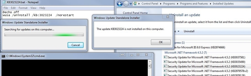 Removing windows KB with .bat file claiming update not installed ...