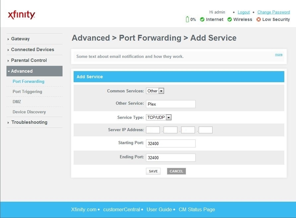 Port Forward settings on a Xfinity wireless modem - Spiceworks Support ...