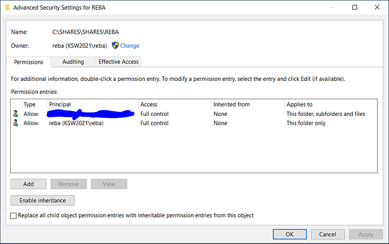 Permissions granted using set-acl not showing in basic security properties - Programming ...