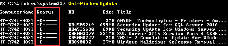 What is the full legend for the status column in "Get-WindowsUpdate ...