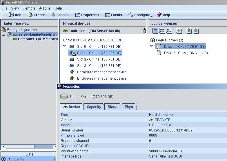 What is this exclamation mark by the drive name in IBM ServeRAID Manager? - Hardware ...