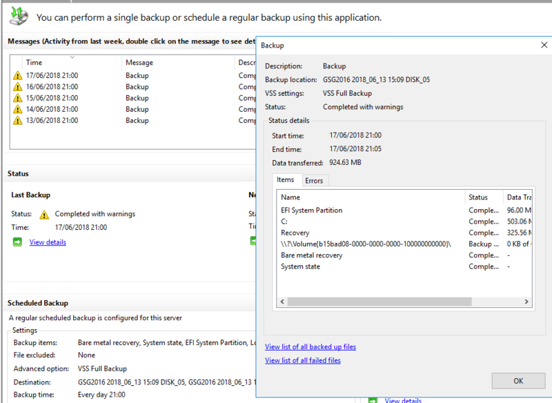 Warnings With Full Server Backup Server 2016 Data Storage Backup And Recovery Spiceworks