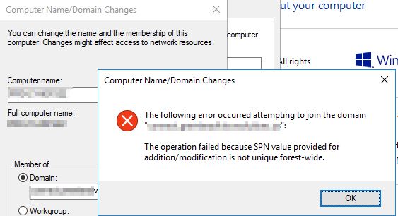 Error Joining Domain Spn Value Provided For Addition Modification Is