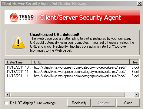 Unauthorized URL detected from Trend Micro's Web Reputation Policy ...