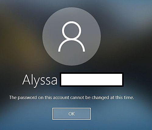 Error: "The password on this account cannot be changed at this time ...